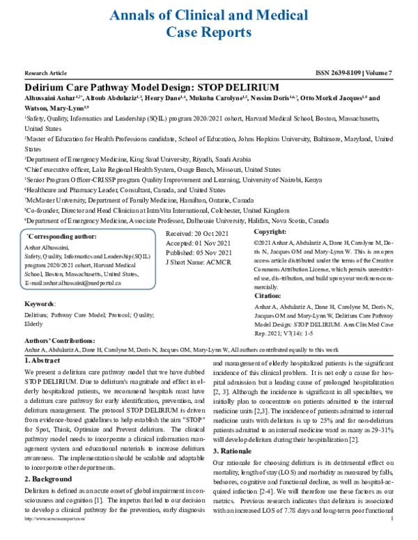 (PDF) Delirium Care Pathway Model Design: STOP DELIRIUM | Morkel Otto ...