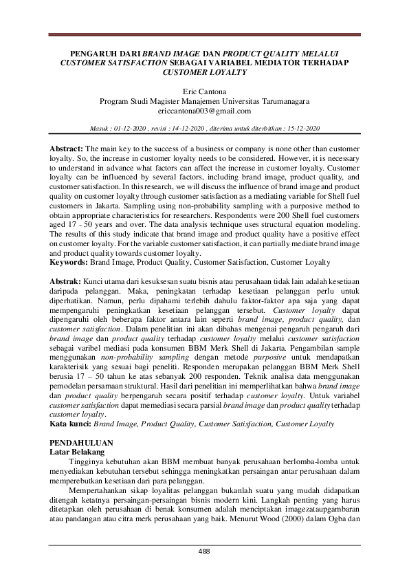 (PDF) Pengaruh dari Brand Image dan Product Quality melalui Customer Satisfaction sebagai ...