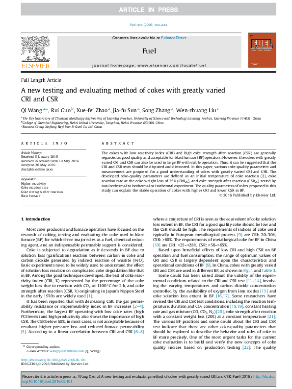 (PDF) A new testing and evaluating method of cokes with greatly varied ...