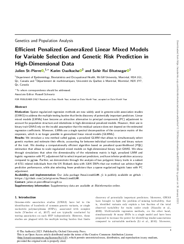 (PDF) Efficient penalized generalized linear mixed models for variable selection and genetic ...
