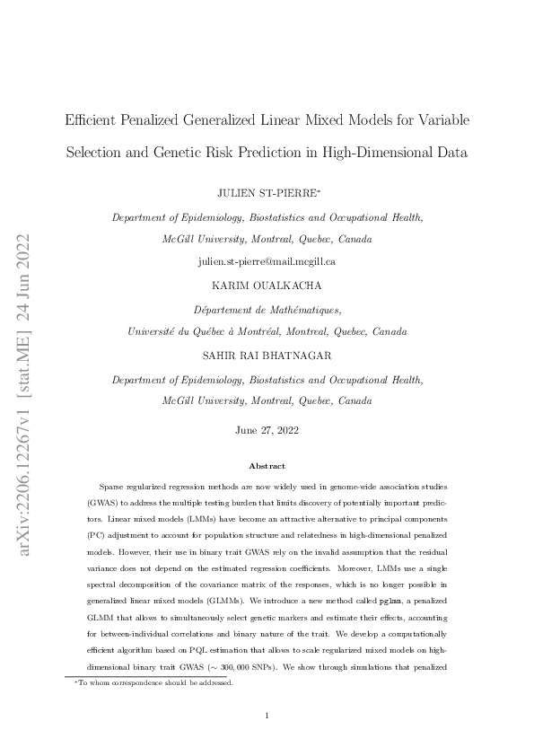 Pdf Efficient Penalized Generalized Linear Mixed Models For Variable