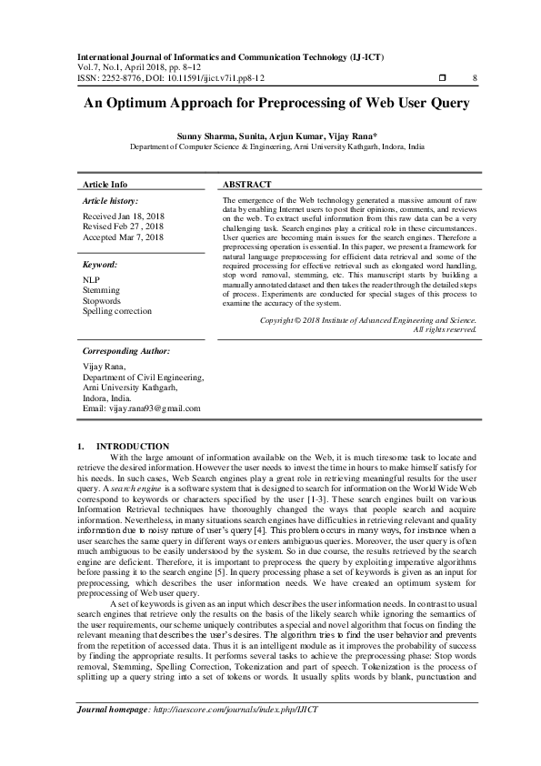(PDF) An Optimum Approach for Preprocessing of Web User Query