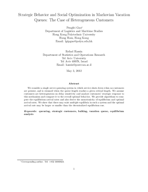 (PDF) Strategic behavior and social optimization in Markovian vacation ...