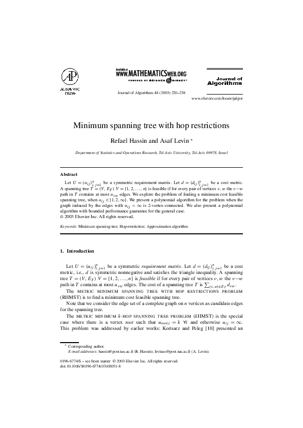 (PDF) Minimum spanning tree with hop restrictions