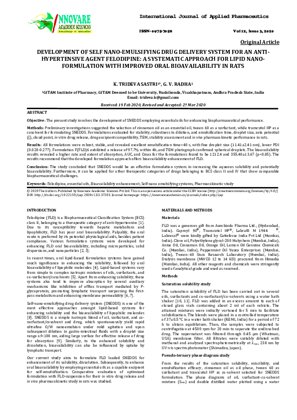 Pdf Development Of Self Nano Emulsifying Drug Delivery System For An Anti Hypertensive Agent
