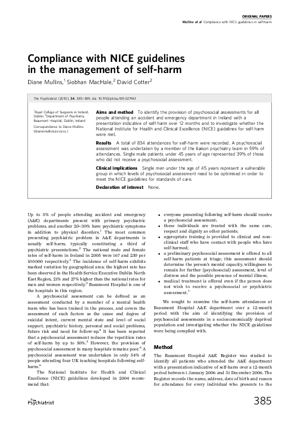 (PDF) Compliance with NICE guidelines in the management of self-harm