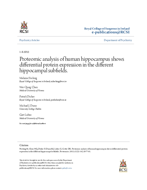 (PDF) Proteomic analysis of human hippocampus shows differential protein expression in the ...