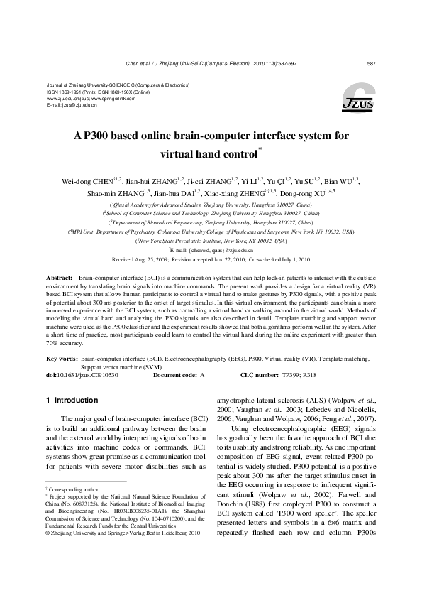 (PDF) A P300 based online brain-computer interface system for virtual hand control