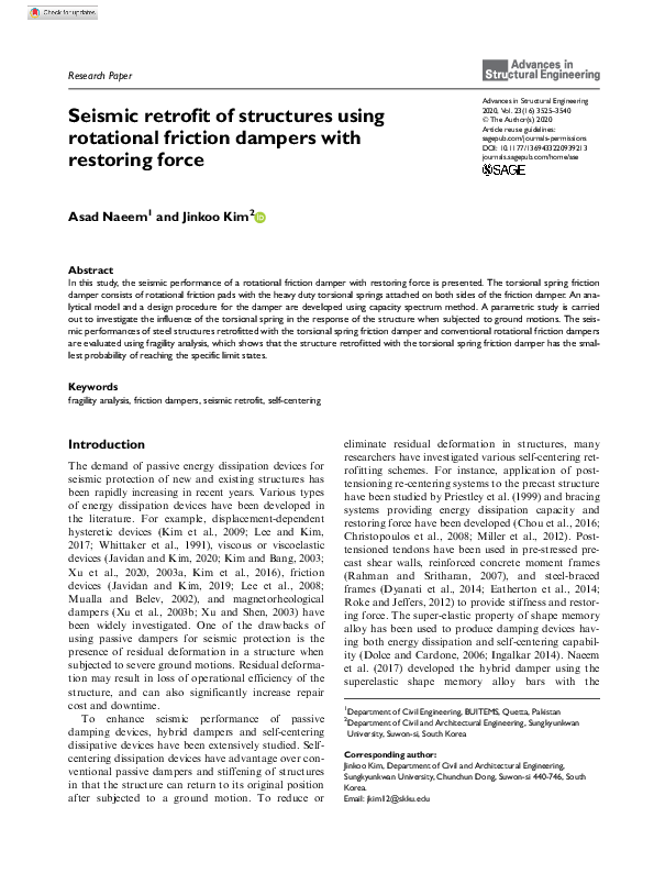 Pdf Seismic Retrofit Of Structures Using Rotational Friction Dampers With Restoring Force