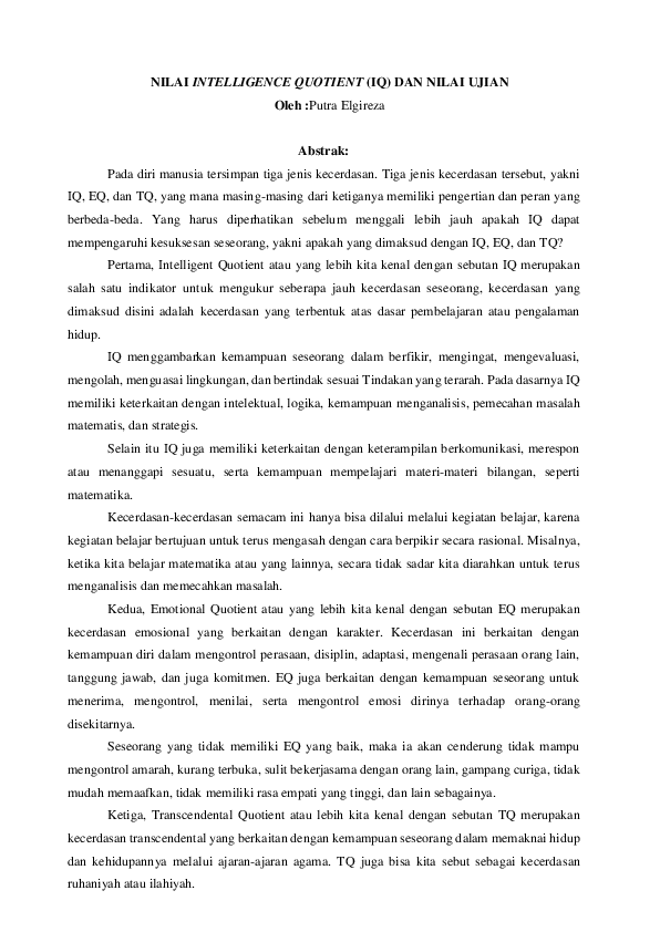 (PDF) Nilai Intelligence Quotient (Iq) Dan Nilai Ujian