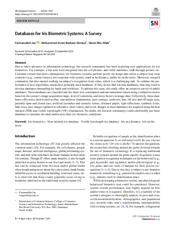 (PDF) Databases for Iris Biometric Systems: A Survey