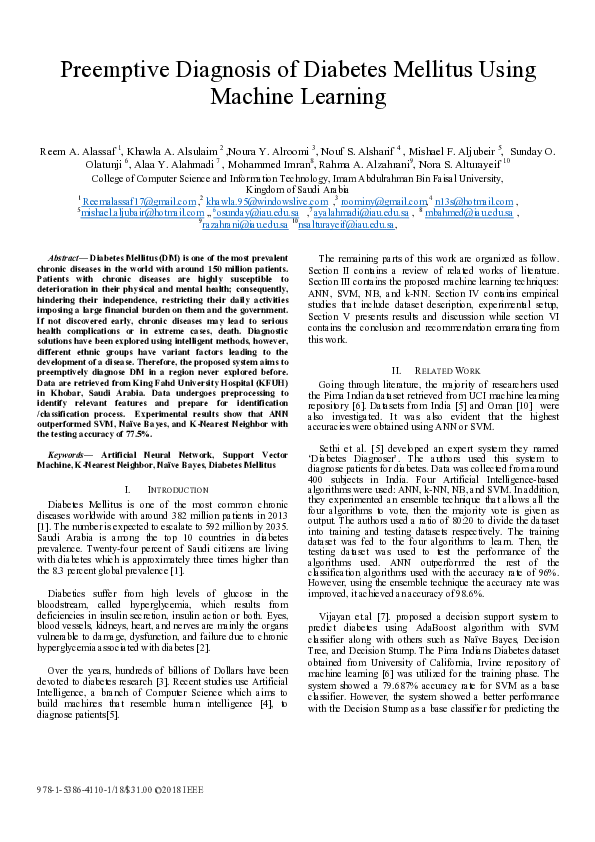 (PDF) Preemptive Diagnosis of Diabetes Mellitus Using Machine Learning ...