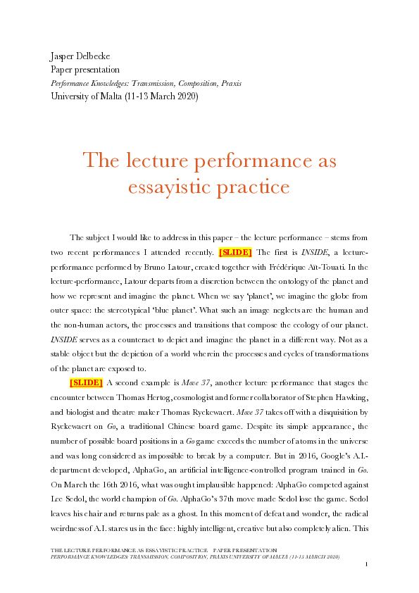 (PDF) Grasping half-obscure ideas hidden in the shadows : on the lecture performance as ...