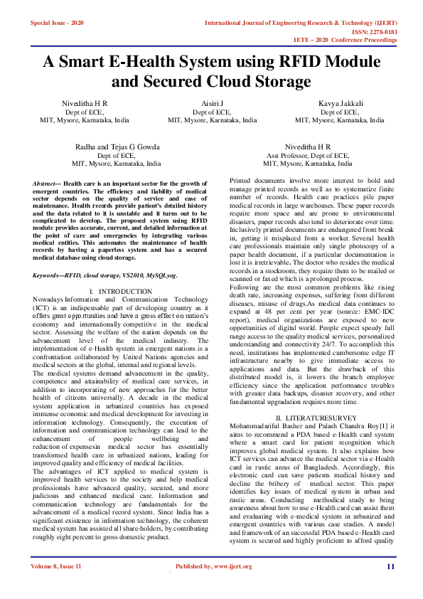 (PDF) A Smart E-Health System using RFID Module and Secured Cloud Storage