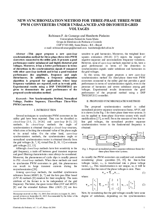 (PDF) New Synchronization Method For Three-phase Three-wire Pwm Converters Under Unbalanced And ...