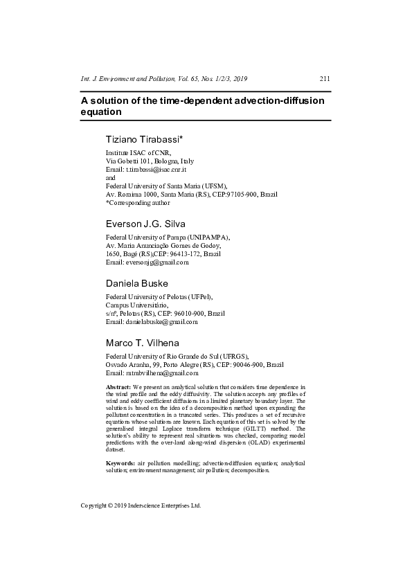 (PDF) A solution of the time-dependent advection-diffusion equation (PDF) A solution of the time-dependent advection-diffusion equation