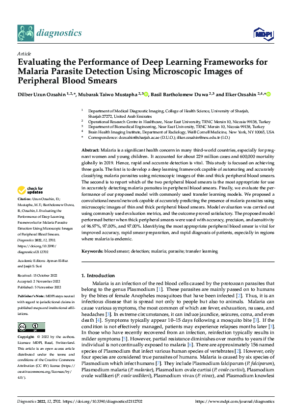Evaluating The Performance Of Deep Learning Frameworks For Malaria Parasite Detection Using