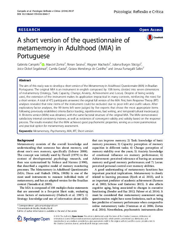 (PDF) A short version of the questionnaire of metamemory in Adulthood ...