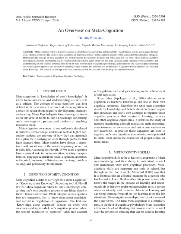 (PDF) An Overview on Meta-Cognition