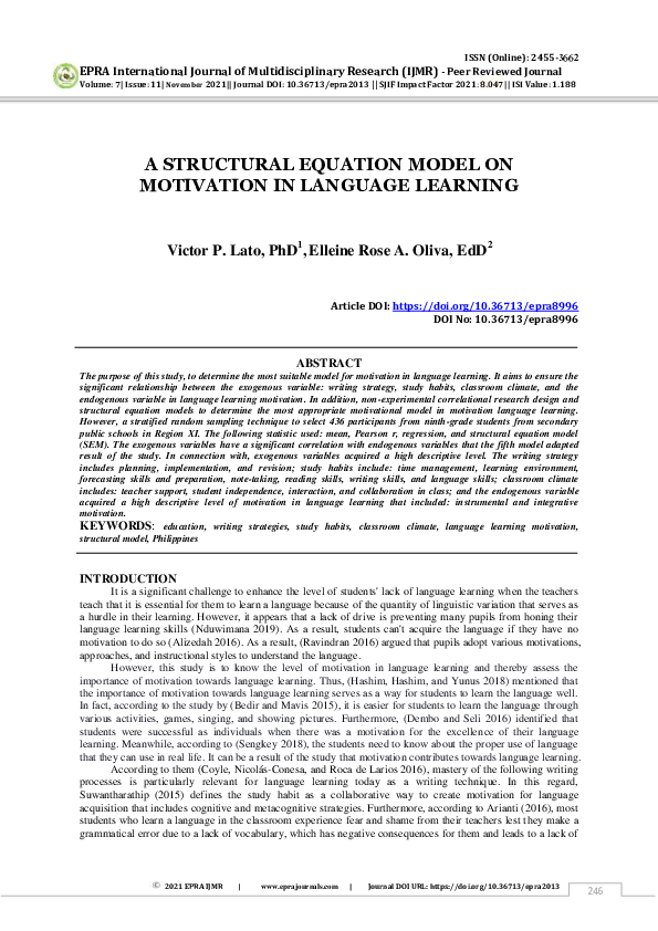 (PDF) A Structural Equation Model on Motivation in Language Learning