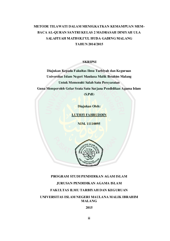 (PDF) Metode tilawati dalam meningkatkan kemampuan membaca Al-Qur’an santri kelas 2 Madrasah ...