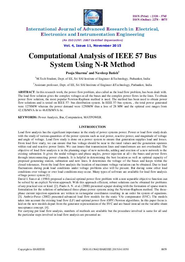 (PDF) Computational Analysis of IEEE 57 Bus System Using N-R Method