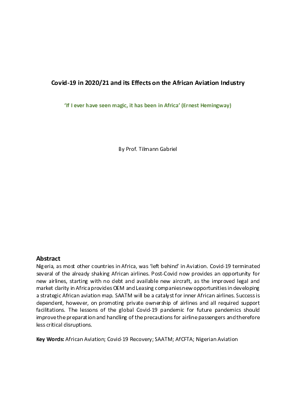 (PDF) Covid-19 in 2020/21 and its Effects on the African Aviation Industry