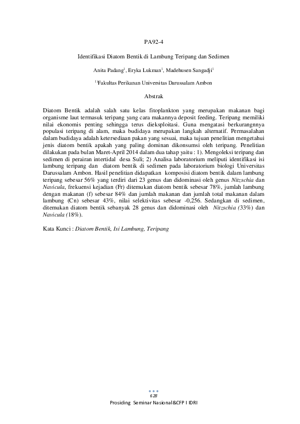 (PDF) PA92-4 Identifikasi Diatom Bentik di Lambung Teripang dan Sedimen