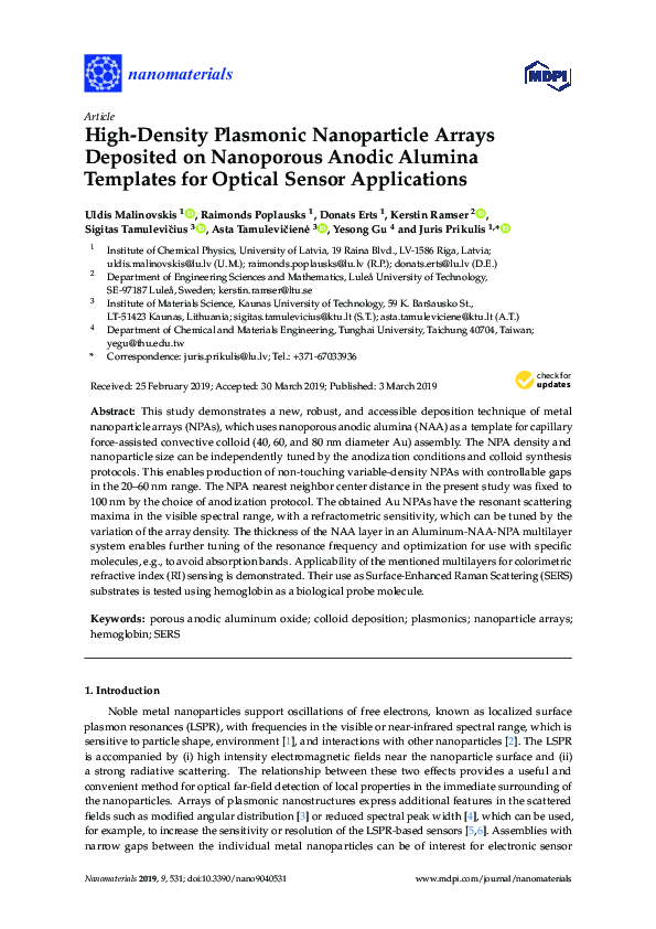 (PDF) High-Density Plasmonic Nanoparticle Arrays Deposited on Nanoporous Anodic Alumina ...