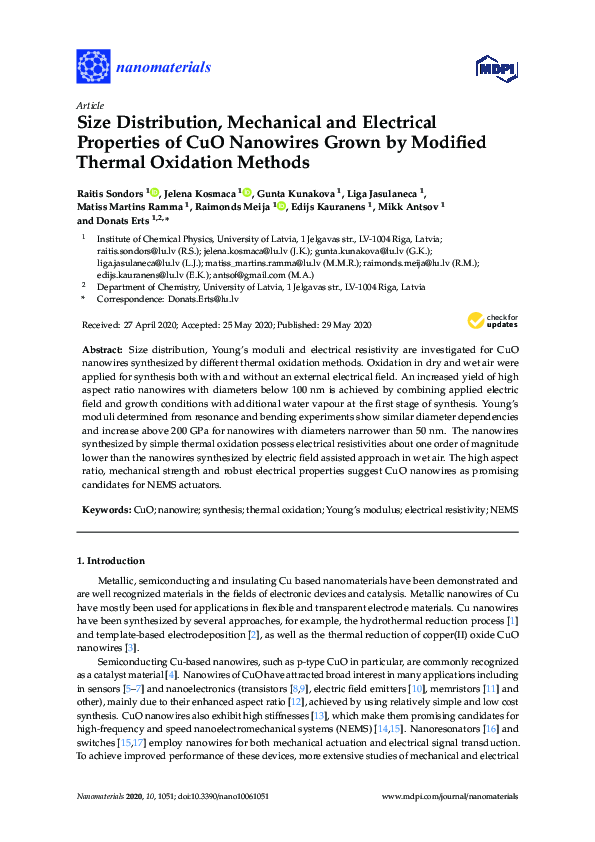 (PDF) Size Distribution, Mechanical and Electrical Properties of CuO Nanowires Grown by Modified ...