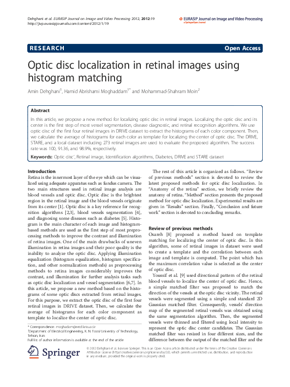 Pdf Optic Disc Localization In Retinal Images Using Histogram Matching Amin Dehghani