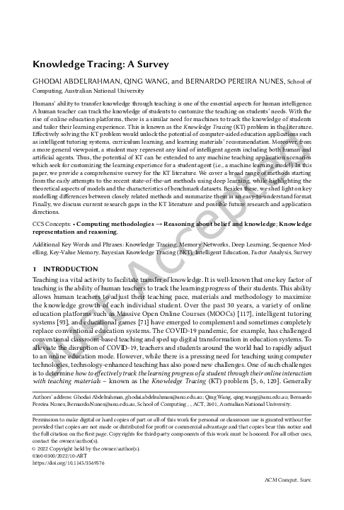 (PDF) Knowledge Tracing: A Survey