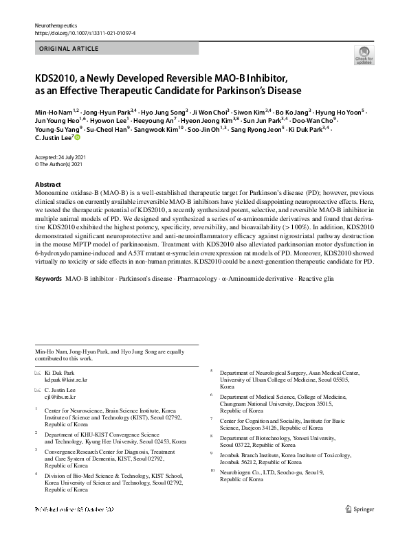 (PDF) KDS2010, a Newly Developed Reversible MAO-B Inhibitor, as an ...