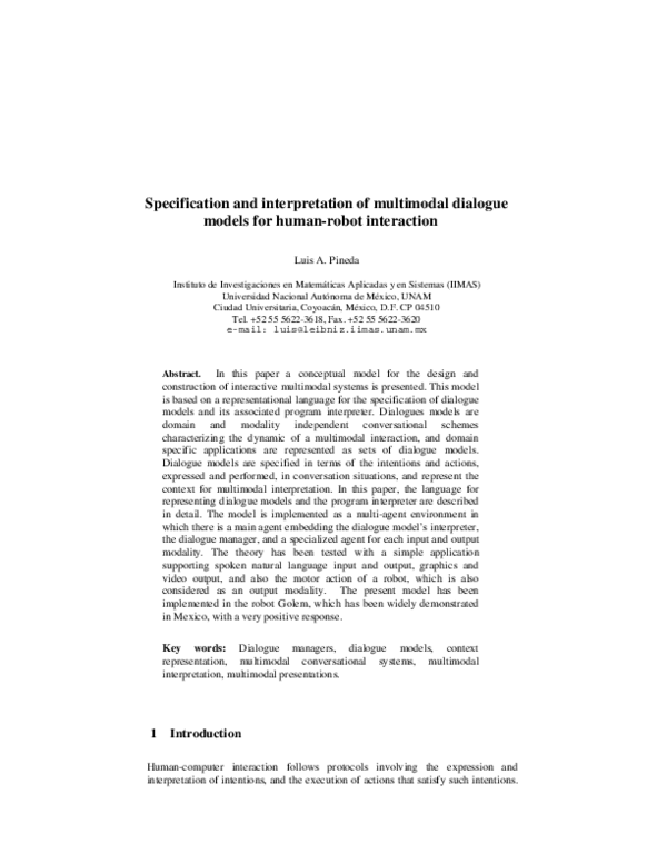 (PDF) Specification and interpretation of multimodal dialogue models for human-robot interaction