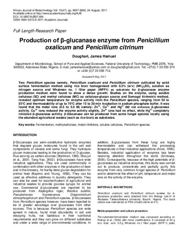 (PDF) Production of -glucanase enzyme from Penicillium oxalicum and Penicillium citrinum