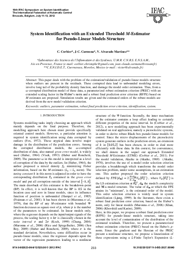 Pdf System Identification With An Extended Threshold M Estimator For Pseudo Linear Models