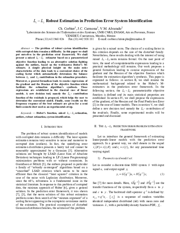 (PDF) L 1 - L 2 robust estimation in prediction error system identification