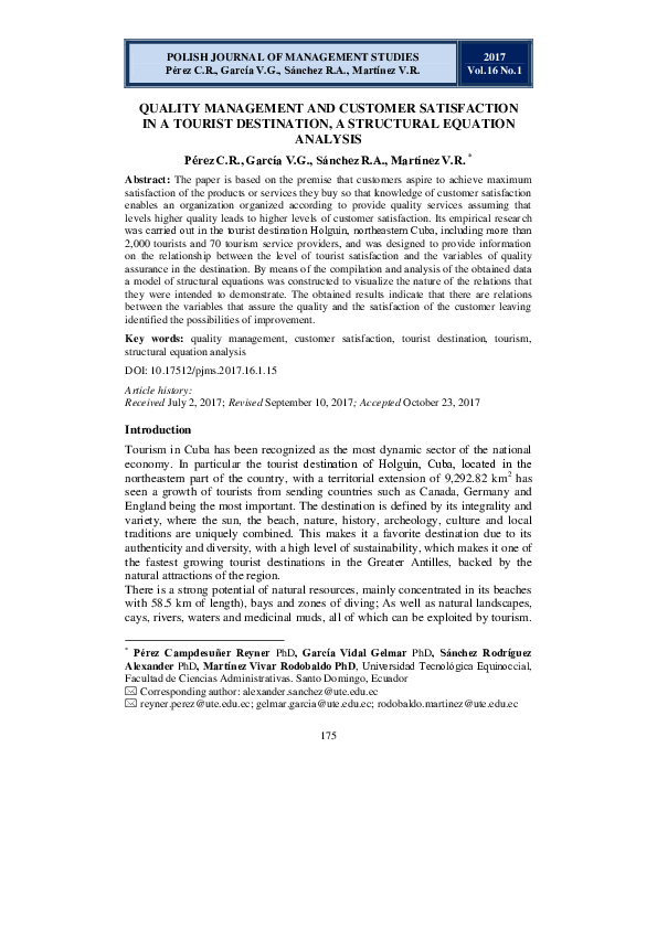 Pdf Quality Management And Customer Satisfaction In A Tourist