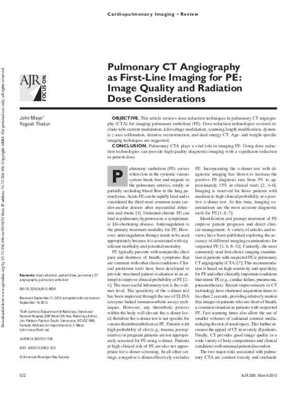 (PDF) Pulmonary CT Angiography as First-Line Imaging for PE: Image ...