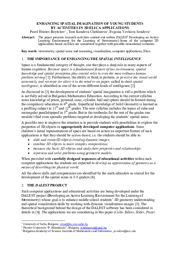 (PDF) Enhancing spatial imagination of young students by activities in 3D Elica applications
