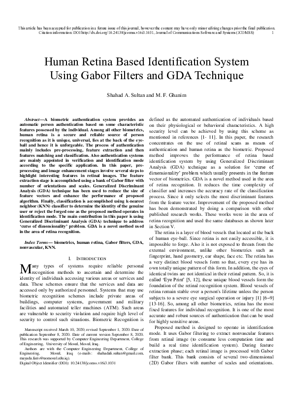 Pdf Human Retina Based Identification System Using Gabor Filters And Gda Technique