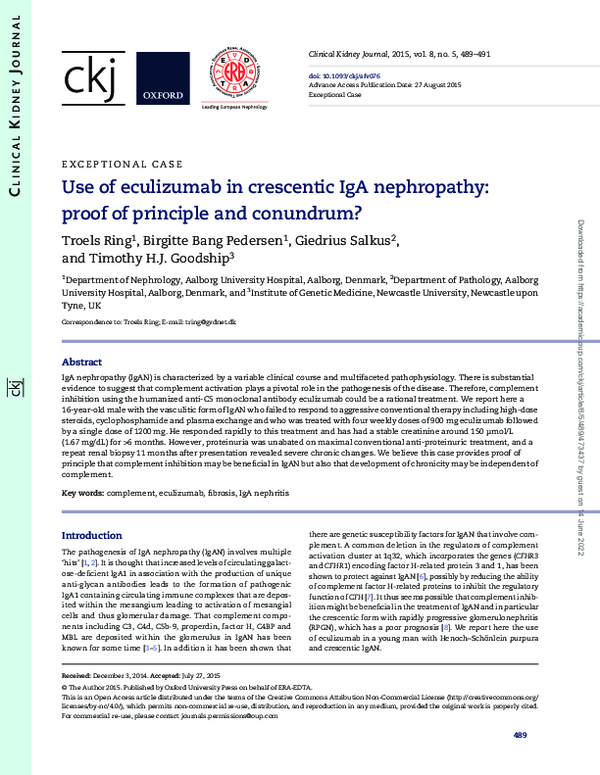 (PDF) Use of eculizumab in crescentic IgA nephropathy: proof of ...