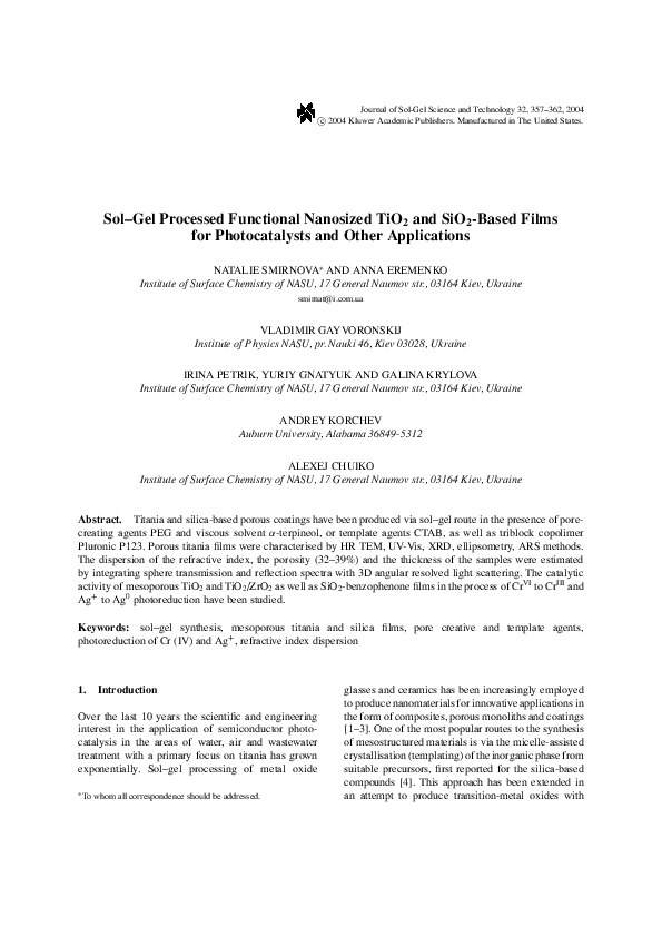 (PDF) Sol-Gel Processed Functional Nanosized TiO2 and SiO2-Based Films for Photocatalysts and ...
