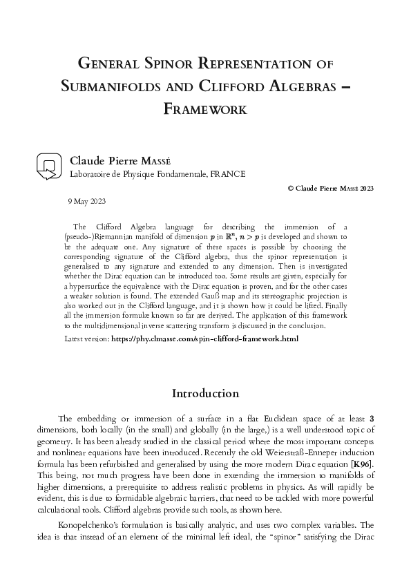 (PDF) General Spinor Representation of Submanifolds and Clifford ...