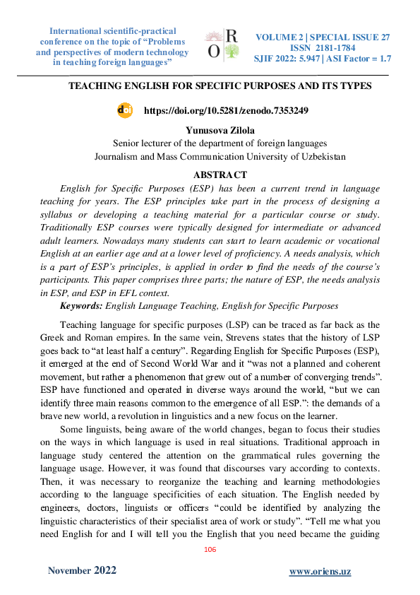 (PDF) Teaching English for Specific Purposes and Its Types