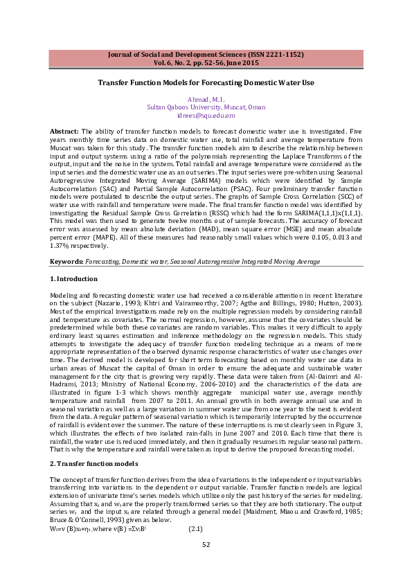 (PDF) Transfer Function Models for Forecasting Domestic Water Use