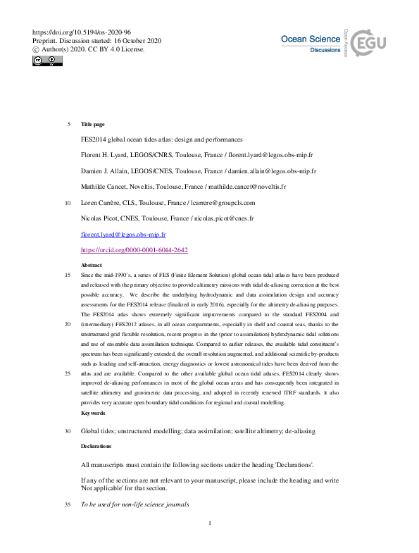 (PDF) FES2014 global ocean tides atlas: design and performances | Nicolas Picot - Academia.edu