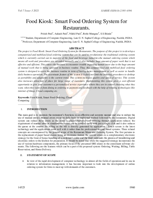(PDF) Food Kiosk: Smart Food Ordering System for Restaurants using Cloud Computing