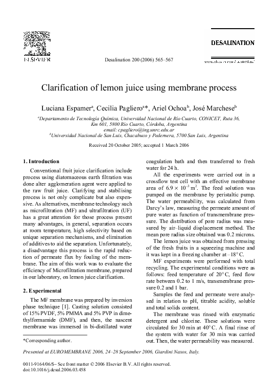 (PDF) Clarification of lemon juice using membrane process
