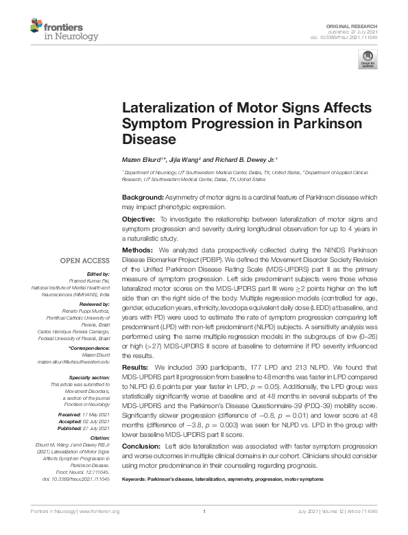 (PDF) Lateralization of Motor Signs Affects Symptom Progression in ...